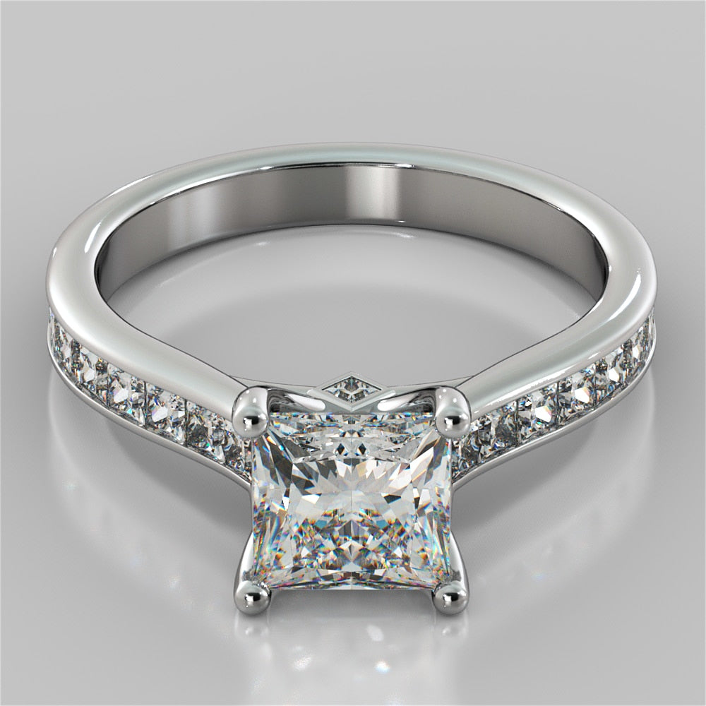 2.64Ct Princess Cut Channel Set Cathedral Style Engagement Ring in 18K White Gold – Agape Diamonds
